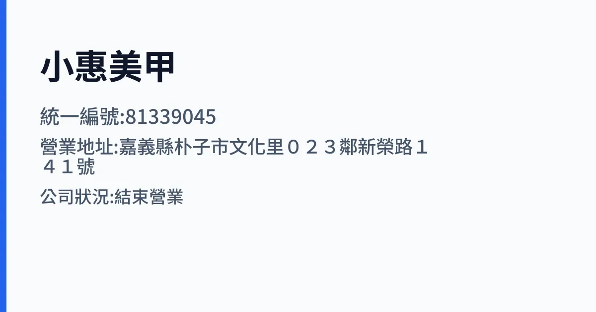 小惠美甲 - 統編 81339045(嘉義縣) 公司登記資料與營業項目詳細圖表