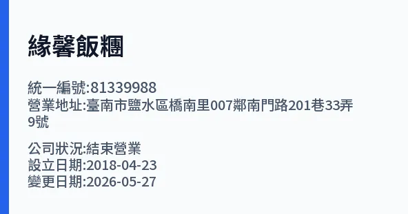 緣馨飯糰的照片-統編 81339988(臺南市) 公司登記資料與營業項目詳細圖表
