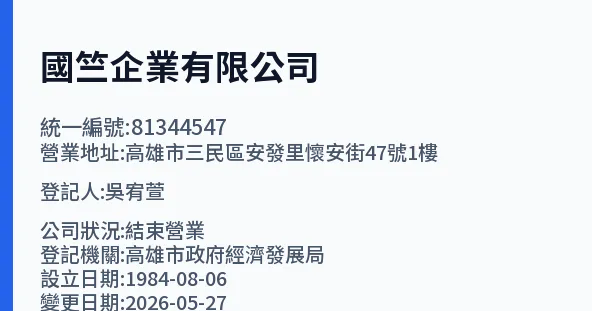 國竺企業有限公司的照片-統編 81344547(高雄市) 公司登記資料與營業項目詳細圖表
