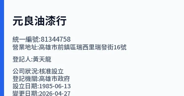 元良油漆行的照片-統編 81344758(高雄市) 公司登記資料與營業項目詳細圖表