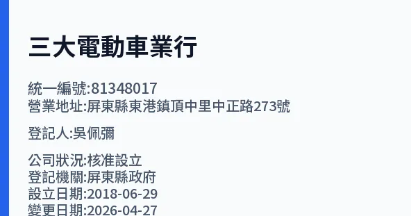 三大電動車業行的照片-統編 81348017(屏東縣) 公司登記資料與營業項目詳細圖表