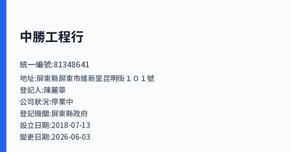中勝工程行的照片-統編 81348641(屏東縣) 公司登記資料與營業項目詳細圖表