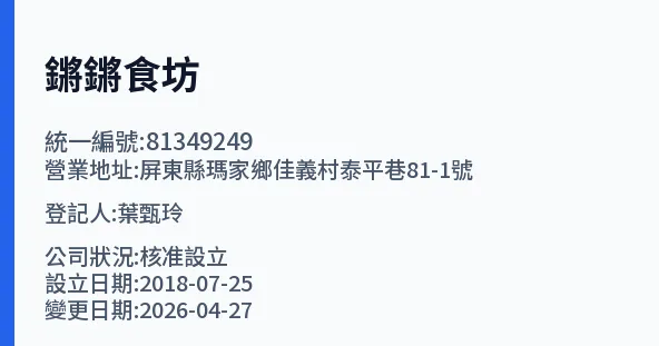 鏘鏘食坊的照片-統編 81349249(屏東縣) 公司登記資料與營業項目詳細圖表