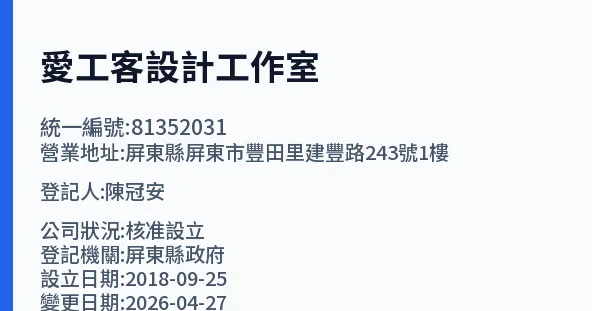 愛工客設計工作室的照片-統編 81352031(屏東縣) 公司登記資料與營業項目詳細圖表