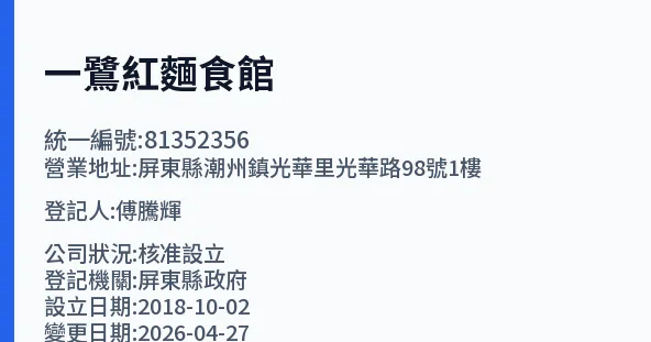 一鷺紅麵食館的照片-統編 81352356(屏東縣) 公司登記資料與營業項目詳細圖表