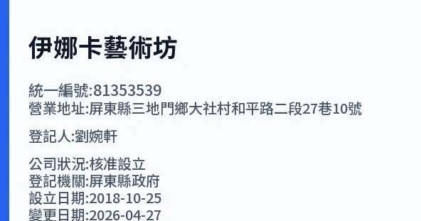 伊娜卡藝術坊的照片-統編 81353539(屏東縣) 公司登記資料與營業項目詳細圖表
