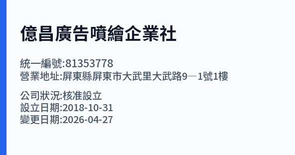 億昌廣告噴繪企業社的照片-統編 81353778(屏東縣) 公司登記資料與營業項目詳細圖表