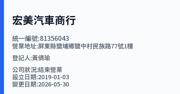 宏美汽車商行的照片-統編 81356043(屏東縣) 公司登記資料與營業項目詳細圖表