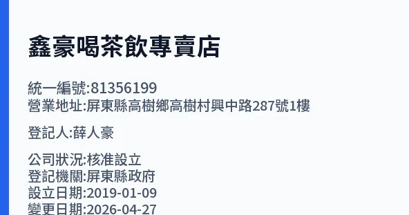鑫豪喝茶飲專賣店的照片-統編 81356199(屏東縣) 公司登記資料與營業項目詳細圖表