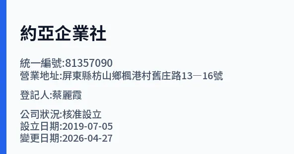約亞企業社的照片-統編 81357090(屏東縣) 公司登記資料與營業項目詳細圖表