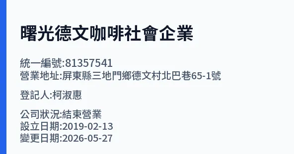 曙光德文咖啡社會企業的照片-統編 81357541(屏東縣) 公司登記資料與營業項目詳細圖表