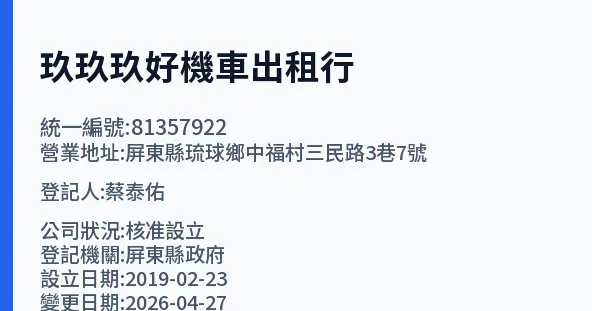 玖玖玖好機車出租行的照片-統編 81357922(屏東縣) 公司登記資料與營業項目詳細圖表