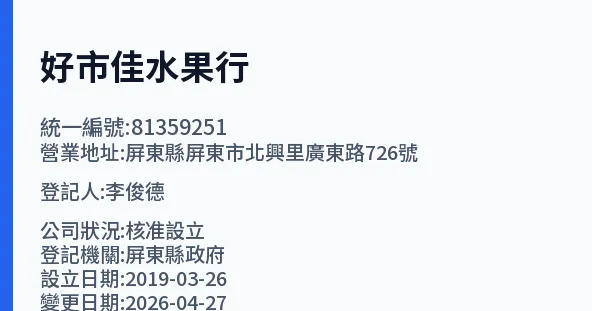 好市佳水果行的照片-統編 81359251(屏東縣) 公司登記資料與營業項目詳細圖表