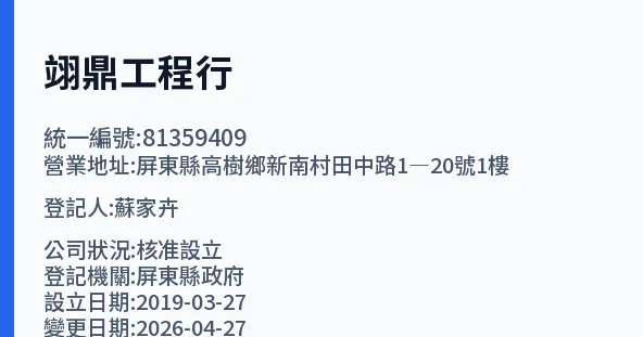 翊鼎工程行的照片-統編 81359409(屏東縣) 公司登記資料與營業項目詳細圖表