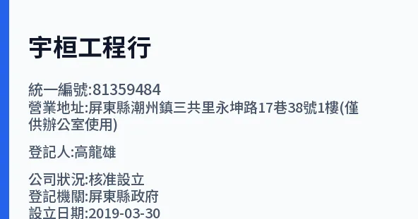 宇桓工程行的照片-統編 81359484(屏東縣) 公司登記資料與營業項目詳細圖表