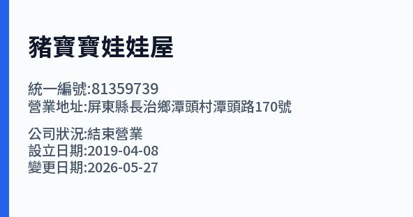 豬寶寶娃娃屋的照片-統編 81359739(屏東縣) 公司登記資料與營業項目詳細圖表