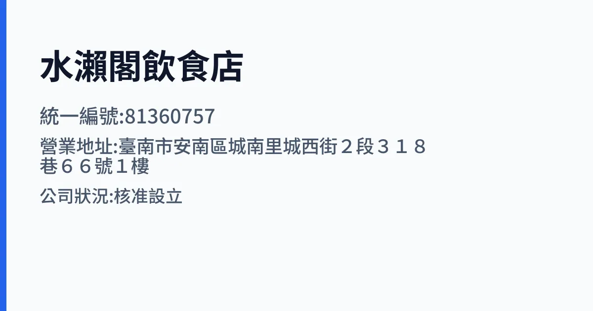 水瀨閣飲食店 - 統編 81360757(臺南市) 公司登記資料與營業項目詳細圖表