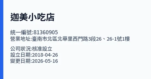 迦美小吃店的照片-統編 81360905(臺南市) 公司登記資料與營業項目詳細圖表