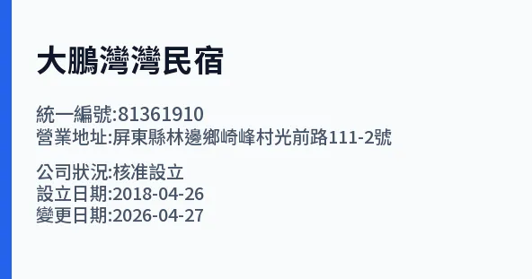 大鵬灣灣民宿的照片-統編 81361910(屏東縣) 公司登記資料與營業項目詳細圖表