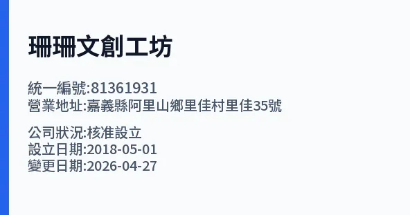 珊珊文創工坊的照片-統編 81361931(嘉義縣) 公司登記資料與營業項目詳細圖表