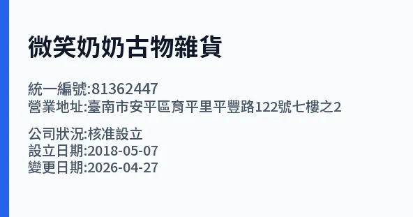 微笑奶奶古物雜貨的照片-統編 81362447(臺南市) 公司登記資料與營業項目詳細圖表