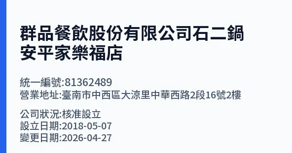 群品餐飲股份有限公司石二鍋安平家樂福店的照片-統編 81362489(臺南市) 公司登記資料與營業項目詳細圖表
