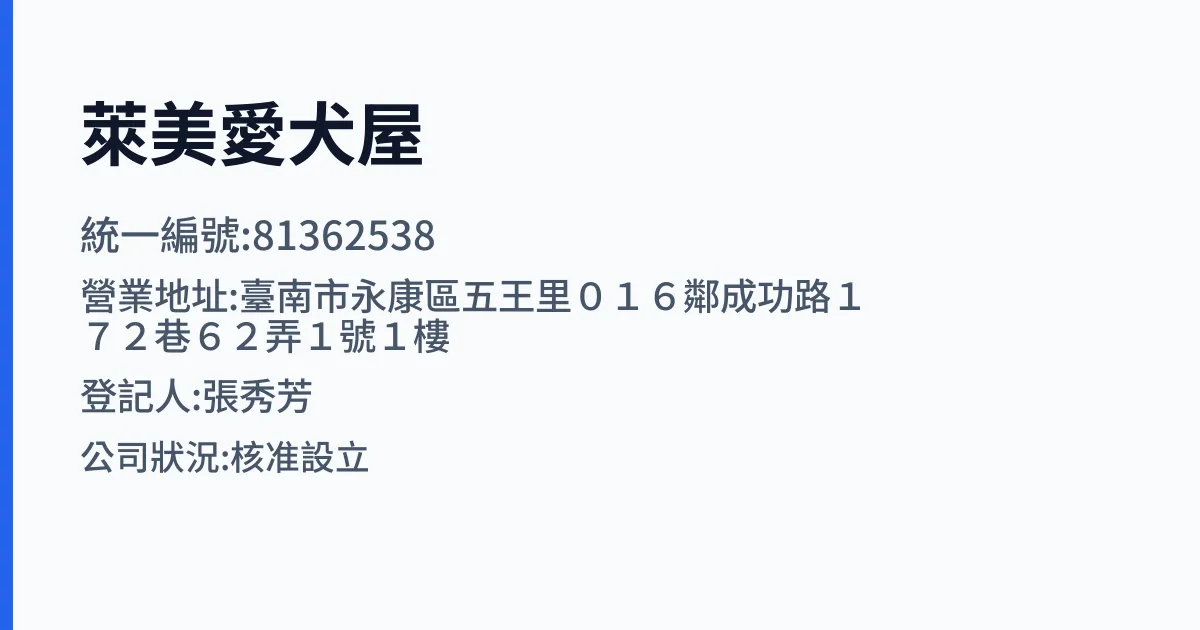 萊美愛犬屋 - 統編 81362538(臺南市) 公司登記資料與營業項目詳細圖表