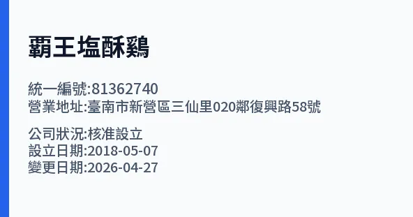 覇王塩酥鷄的照片-統編 81362740(臺南市) 公司登記資料與營業項目詳細圖表