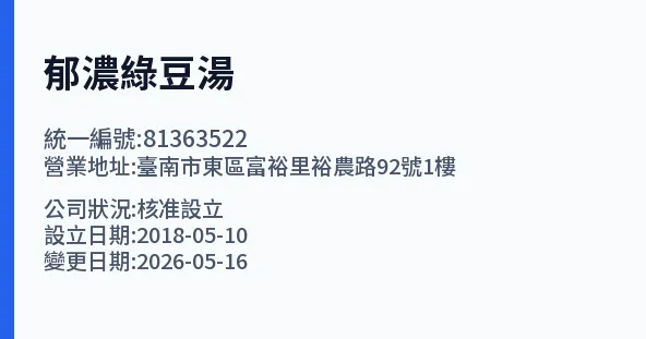 郁濃綠豆湯的照片-統編 81363522(臺南市) 公司登記資料與營業項目詳細圖表