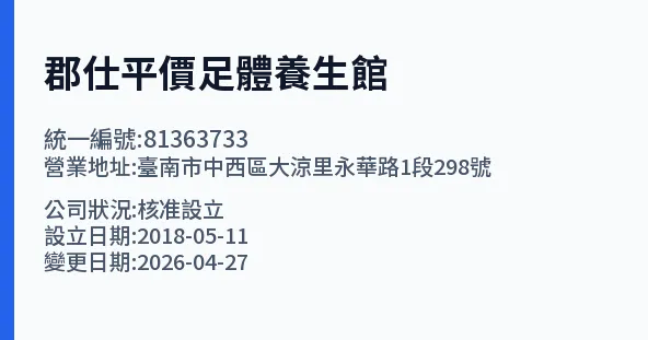 郡仕平價足體養生館的照片-統編 81363733(臺南市) 公司登記資料與營業項目詳細圖表