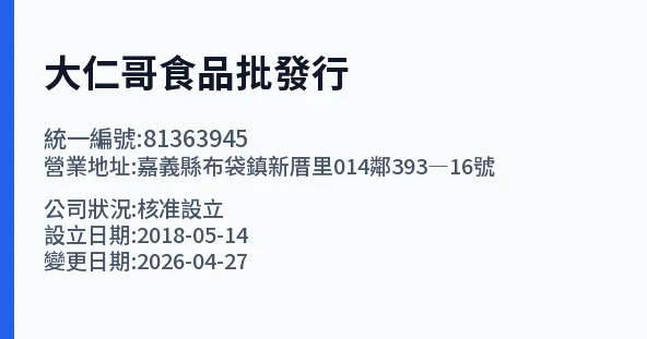 大仁哥食品批發行的照片-統編 81363945(嘉義縣) 公司登記資料與營業項目詳細圖表