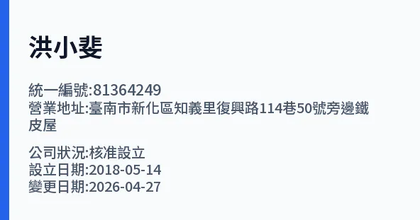 洪小斐的照片-統編 81364249(臺南市) 公司登記資料與營業項目詳細圖表