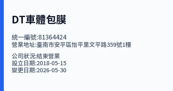 DT車體包膜的照片-統編 81364424(臺南市) 公司登記資料與營業項目詳細圖表