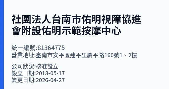 社團法人台南市佑明視障協進會附設佑明示範按摩中心的照片-統編 81364775(臺南市) 公司登記資料與營業項目詳細圖表