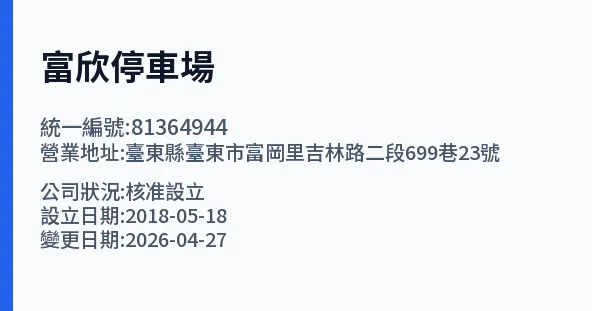 富欣停車場的照片-統編 81364944(臺東縣) 公司登記資料與營業項目詳細圖表