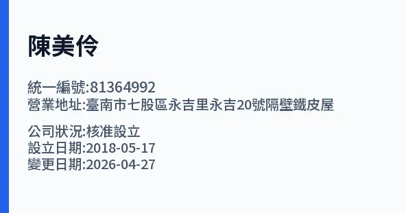 陳美伶的照片-統編 81364992(臺南市) 公司登記資料與營業項目詳細圖表