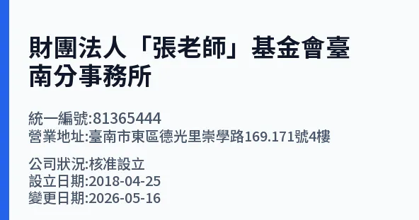 財團法人「張老師」基金會臺南分事務所的照片-統編 81365444(臺南市) 公司登記資料與營業項目詳細圖表
