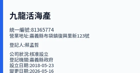 九龍活海產的照片-統編 81365774(嘉義縣) 公司登記資料與營業項目詳細圖表