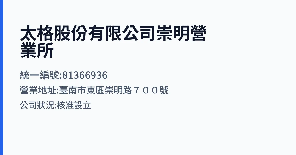 太格股份有限公司崇明營業所 - 統編 81366936（臺南市） 公司登記資料與營業項目詳細圖表