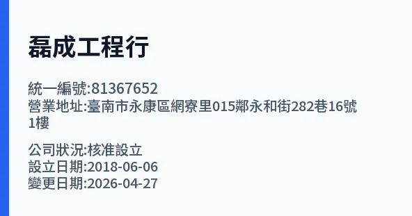 磊成工程行的照片-統編 81367652(臺南市) 公司登記資料與營業項目詳細圖表