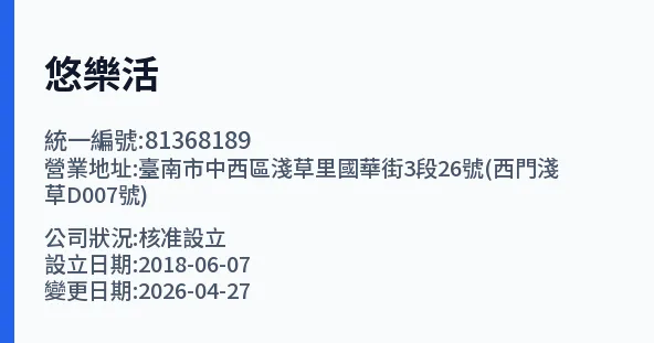 悠樂活的照片-統編 81368189(臺南市) 公司登記資料與營業項目詳細圖表