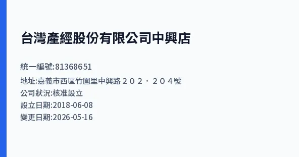台灣產經股份有限公司中興店的照片-統編 81368651(嘉義市) 公司登記資料與營業項目詳細圖表