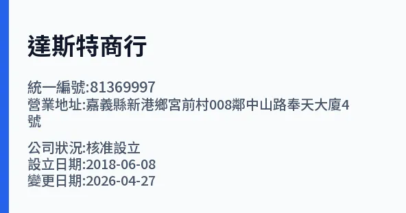 達斯特商行的照片-統編 81369997(嘉義縣) 公司登記資料與營業項目詳細圖表
