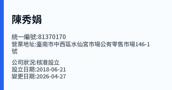 陳秀娟的照片-統編 81370170(臺南市) 公司登記資料與營業項目詳細圖表