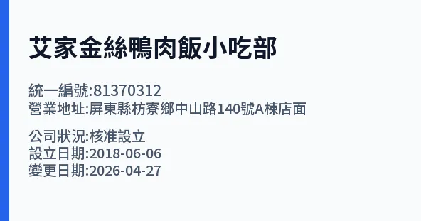 艾家金絲鴨肉飯小吃部的照片-統編 81370312(屏東縣) 公司登記資料與營業項目詳細圖表
