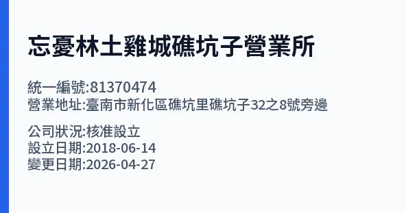 忘憂林土雞城礁坑子營業所的照片-統編 81370474(臺南市) 公司登記資料與營業項目詳細圖表