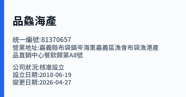 品鱻海產的照片-統編 81370657(嘉義縣) 公司登記資料與營業項目詳細圖表