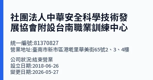 社團法人中華安全科學技術發展協會附設台南職業訓練中心的照片-統編 81370827(臺南市) 公司登記資料與營業項目詳細圖表