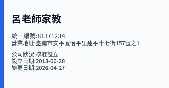 呂老師家教的照片-統編 81371234(臺南市) 公司登記資料與營業項目詳細圖表