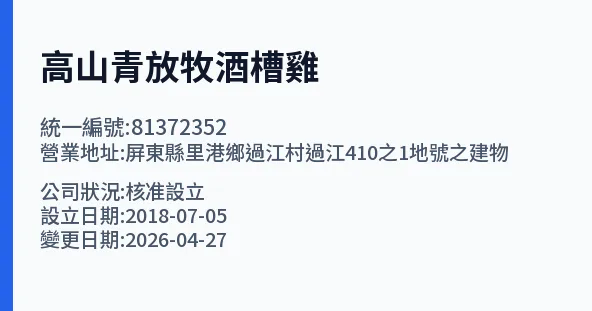 高山青放牧酒槽雞的照片-統編 81372352(屏東縣) 公司登記資料與營業項目詳細圖表
